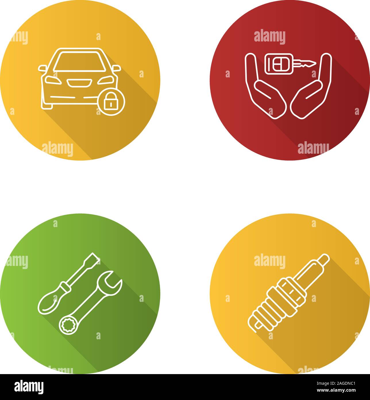 Auto workshop flat linear long shadow icons set. Locked car, key in ...