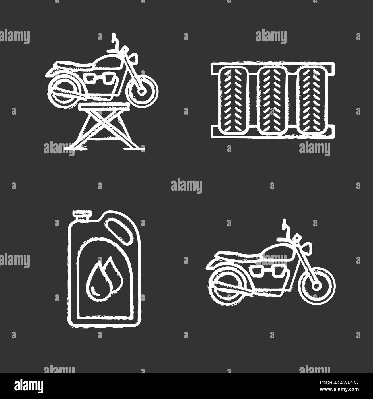 Auto workshop chalk icons set. Motorbike jack, car tires, motor oil ...