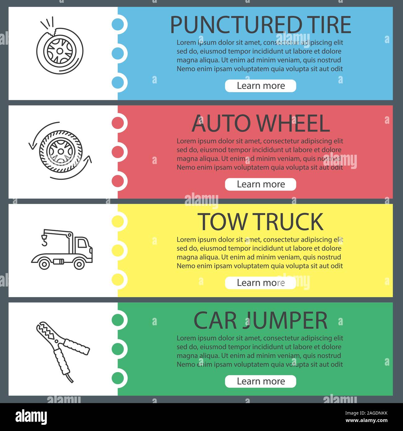 Auto workshop web banner templates set. Punctured tire, auto wheel, tow ...