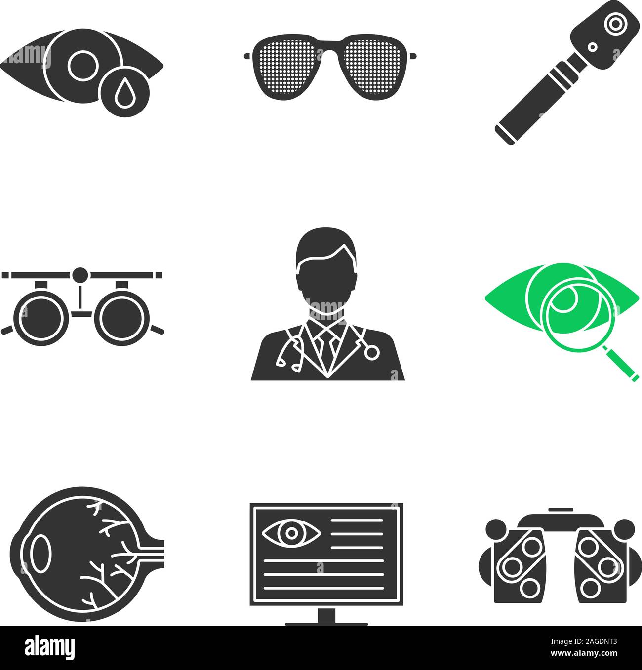 Ophtalmology glyph icons set. Eye drops, pinhole glasses ...