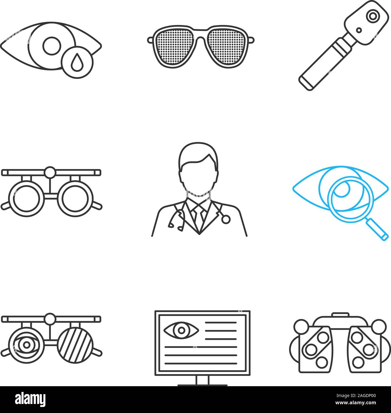 Ophtalmology linear icons set. Eye drops, pinhole glasses, ophthalmoscope, computer diagnostics ...