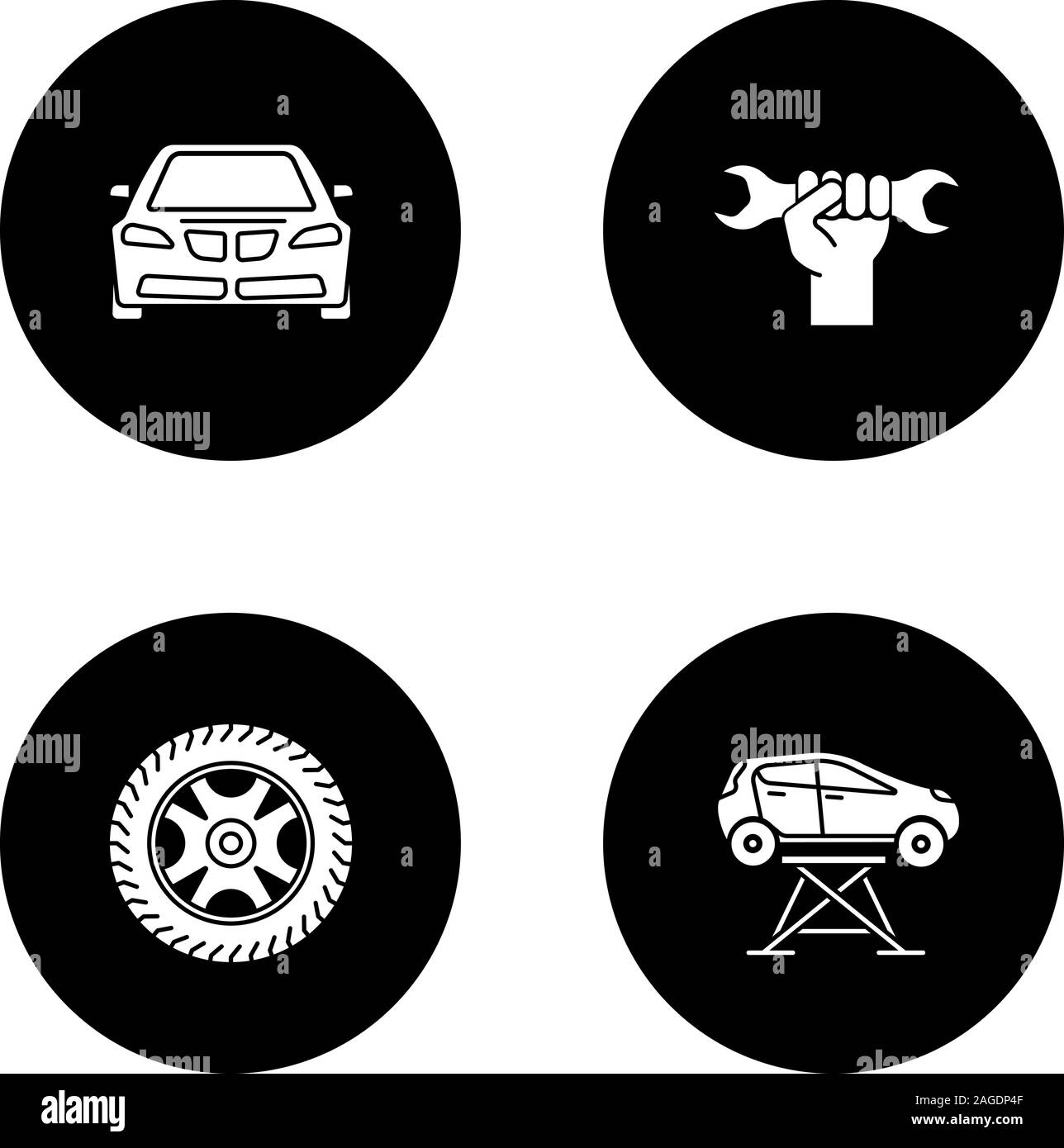 Auto workshop glyph icons set. Car, wrench in hand, car rim and tire ...