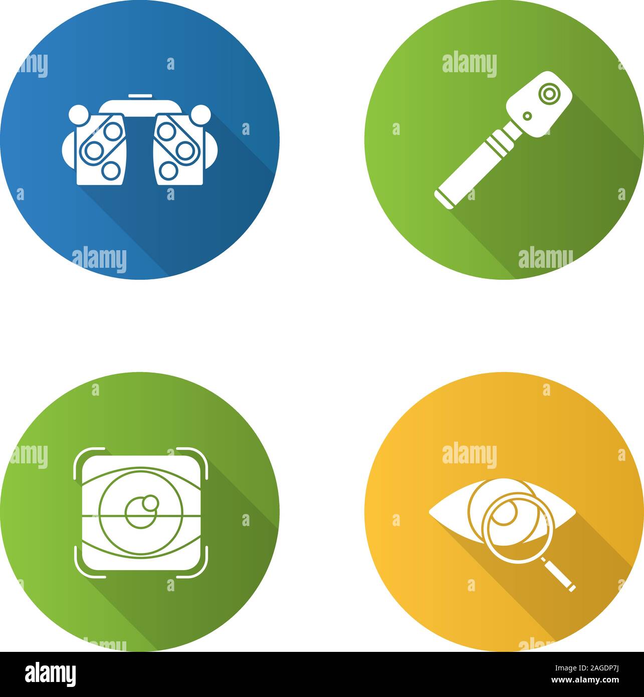 Ophtalmology flat design long shadow glyph icons set. Phoropter, ophthalmoscope, retina scan ...