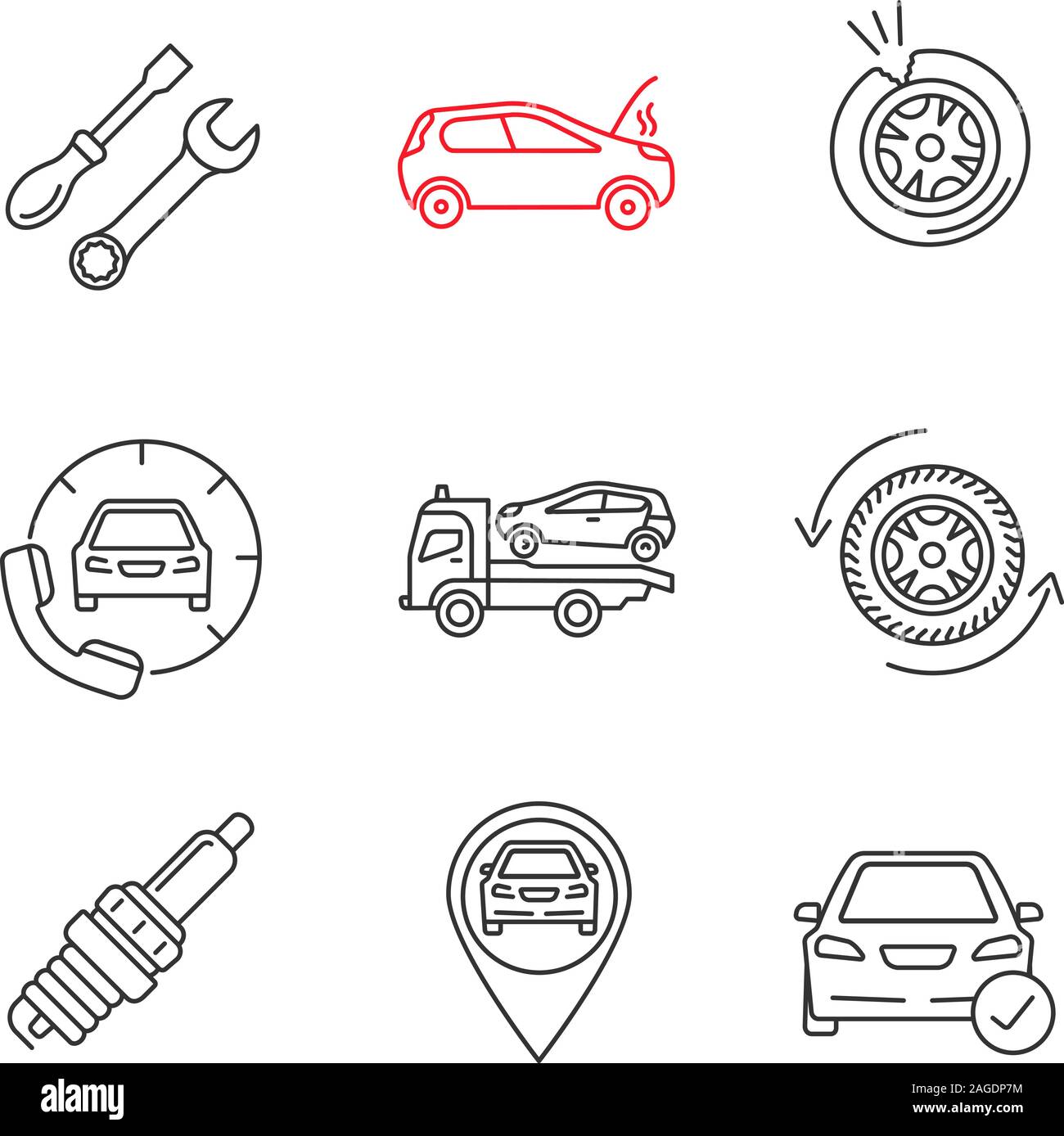 Auto workshop linear icons set. Repair service, broken car, tire ...