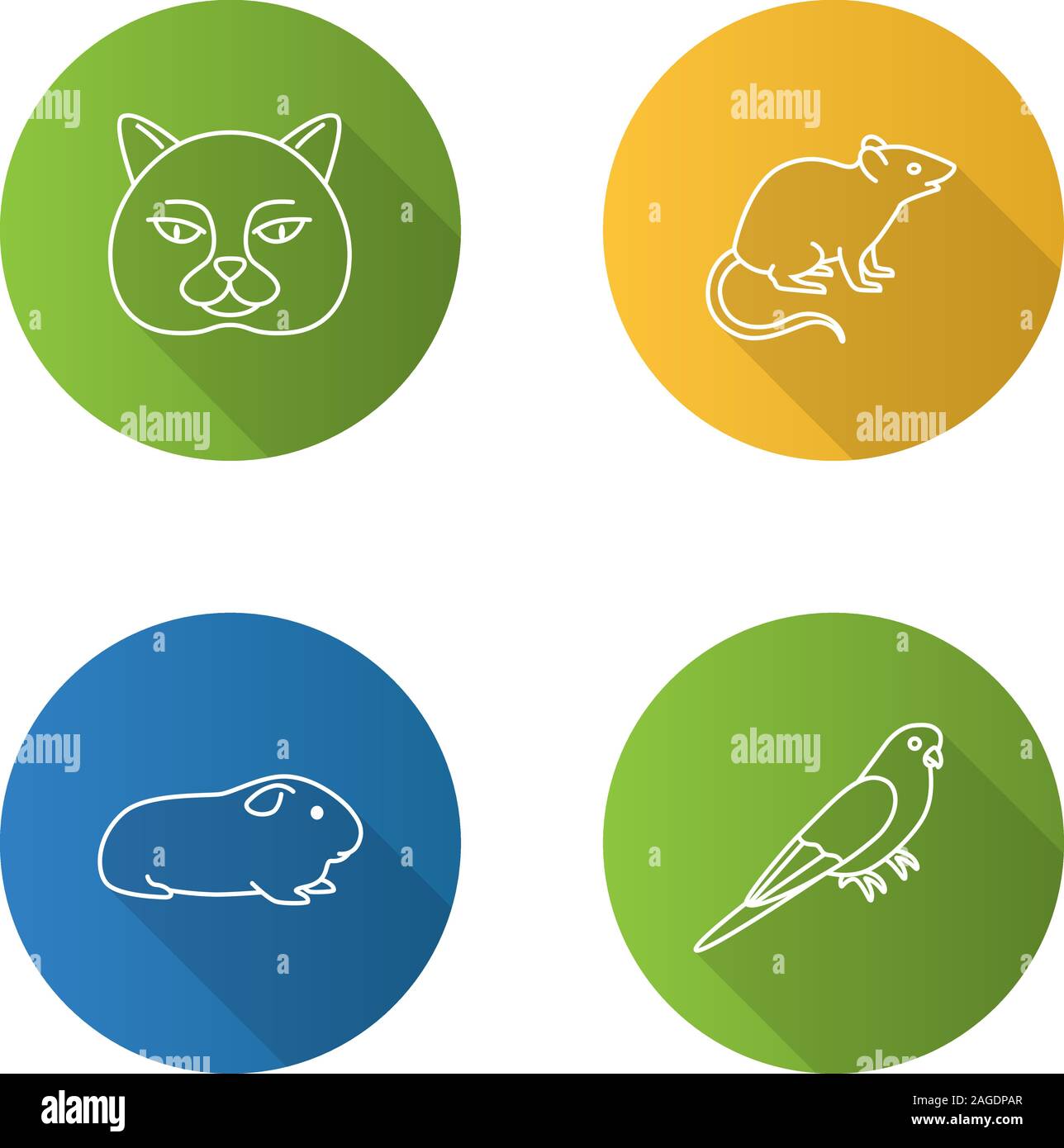 Pets flat linear long shadow icons set. British cat, mouse, cavy ...