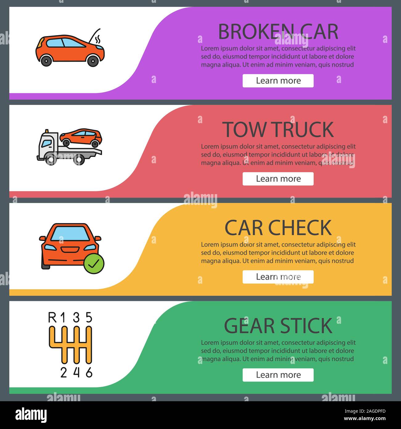 Auto workshop web banner templates set. Broken car, tow truck ...