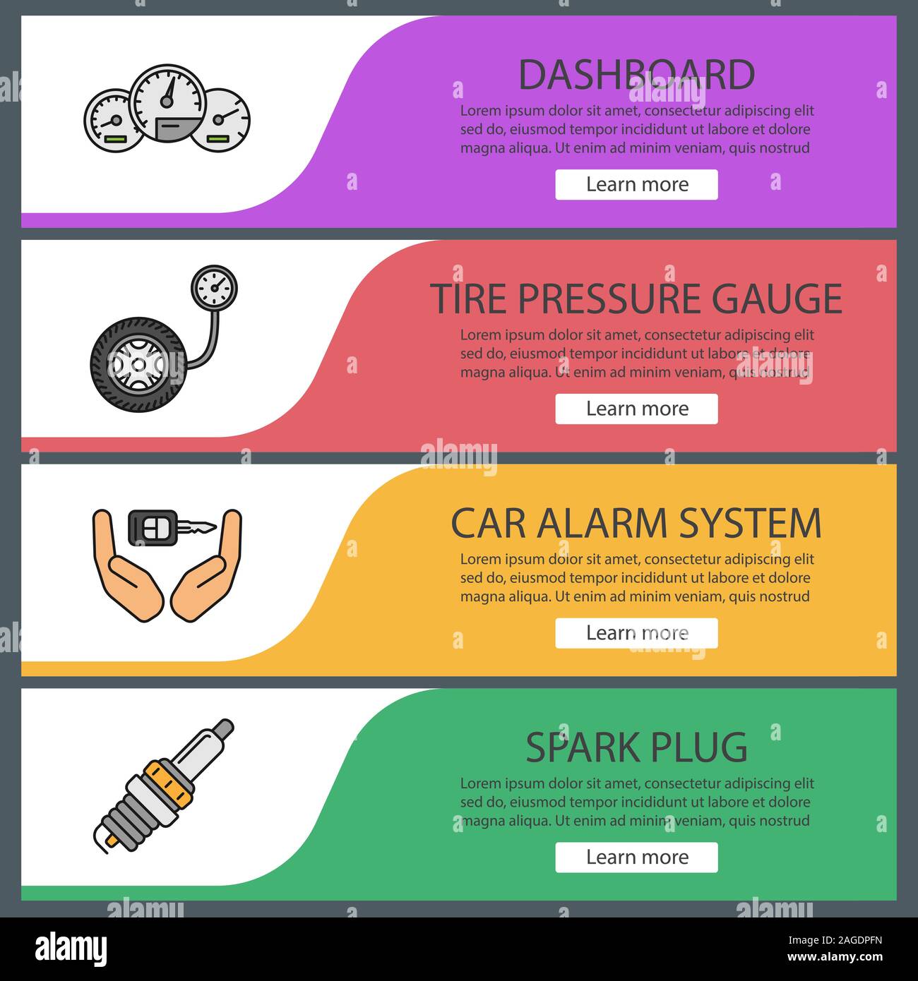 Auto workshop web banner templates set. Website color menu items ...
