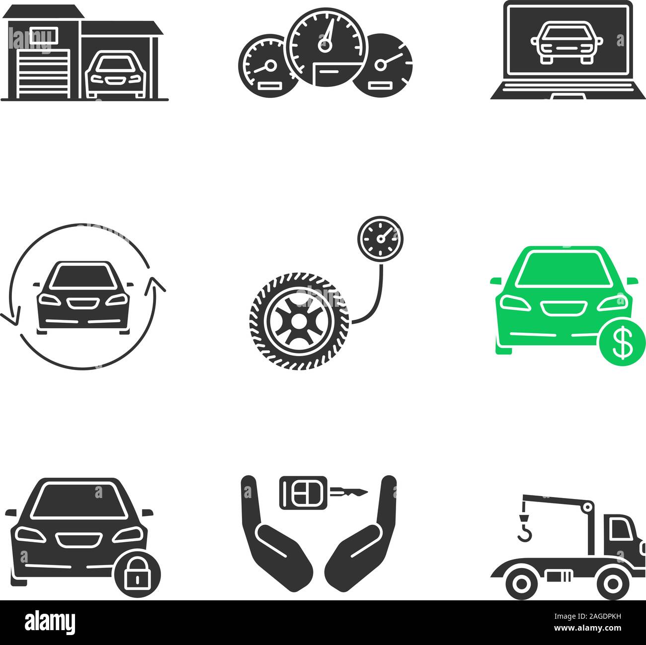 Auto workshop glyph icons set. Garage, dashboard, computer diagnostics ...