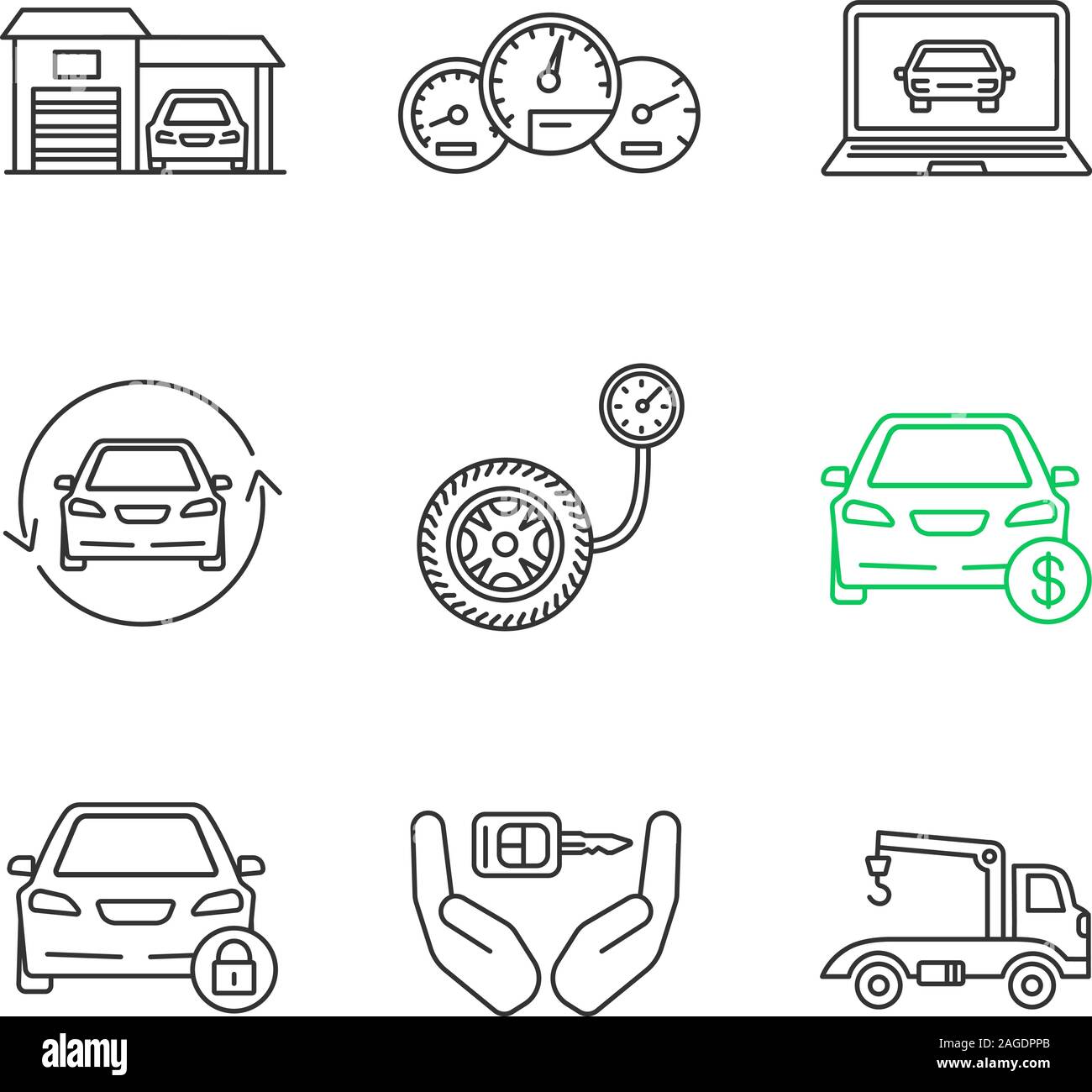 Auto workshop linear icons set. Garage, dashboard, diagnostics, car ...