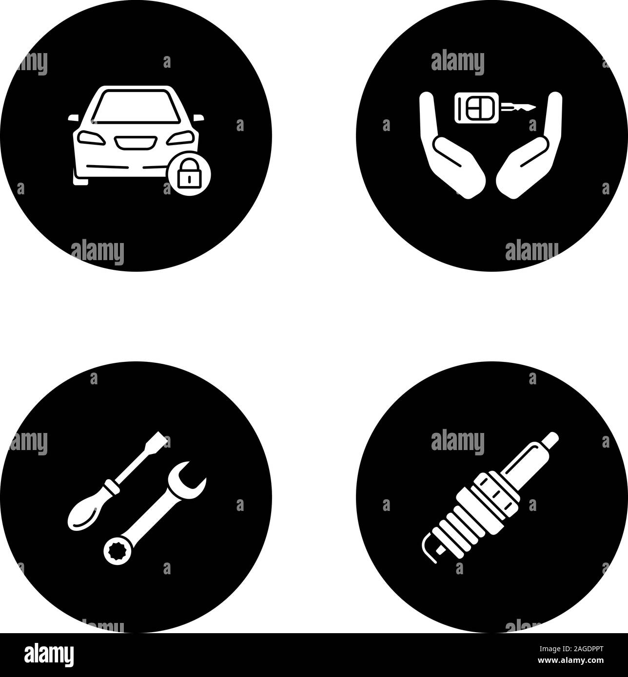 Auto workshop glyph icons set. Locked car, key in hands, screwdriver ...