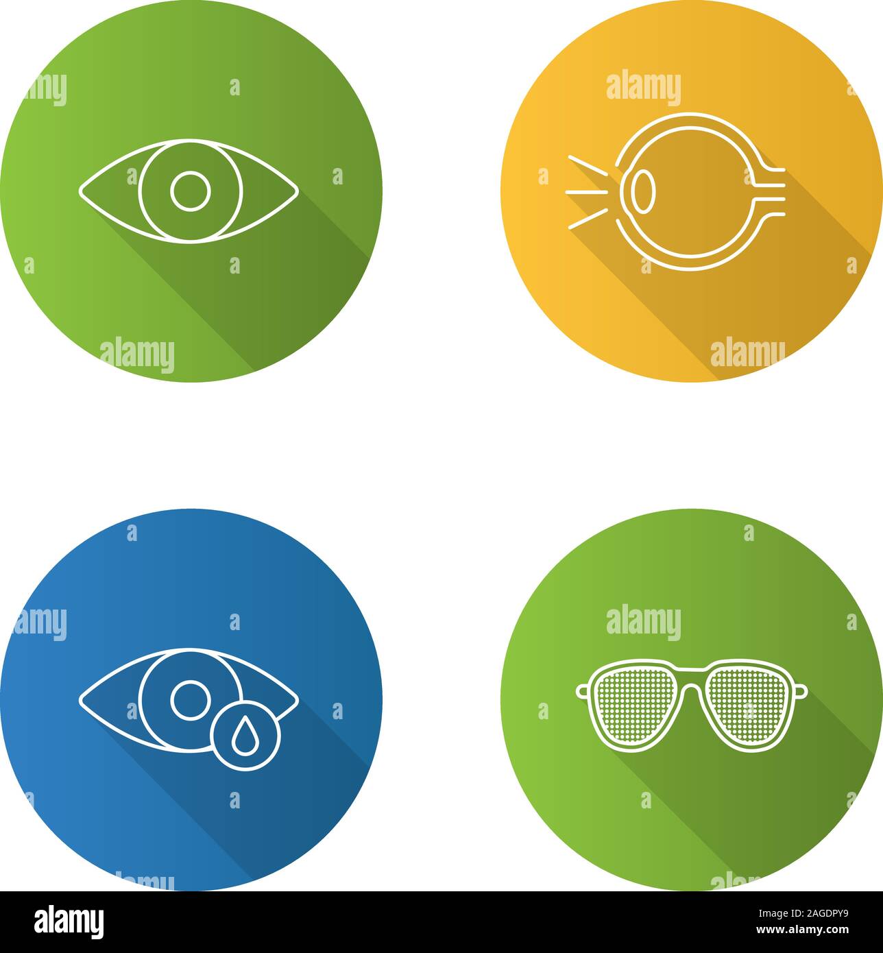 Ophthalmology flat linear long shadow icons set. Human eye anatomy, drops, pinhole glasses ...