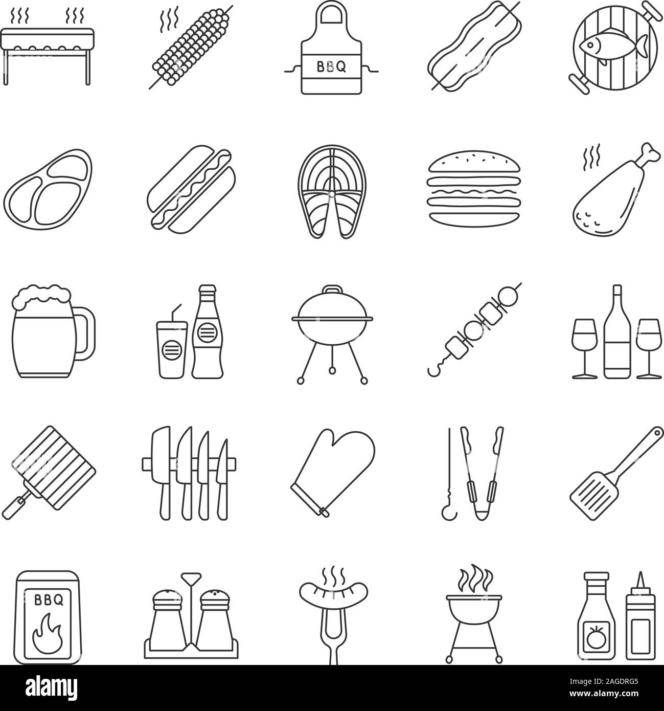 Barbecue linear icons set. BBQ. Barbeque grills, food, drinks, kitchen ...