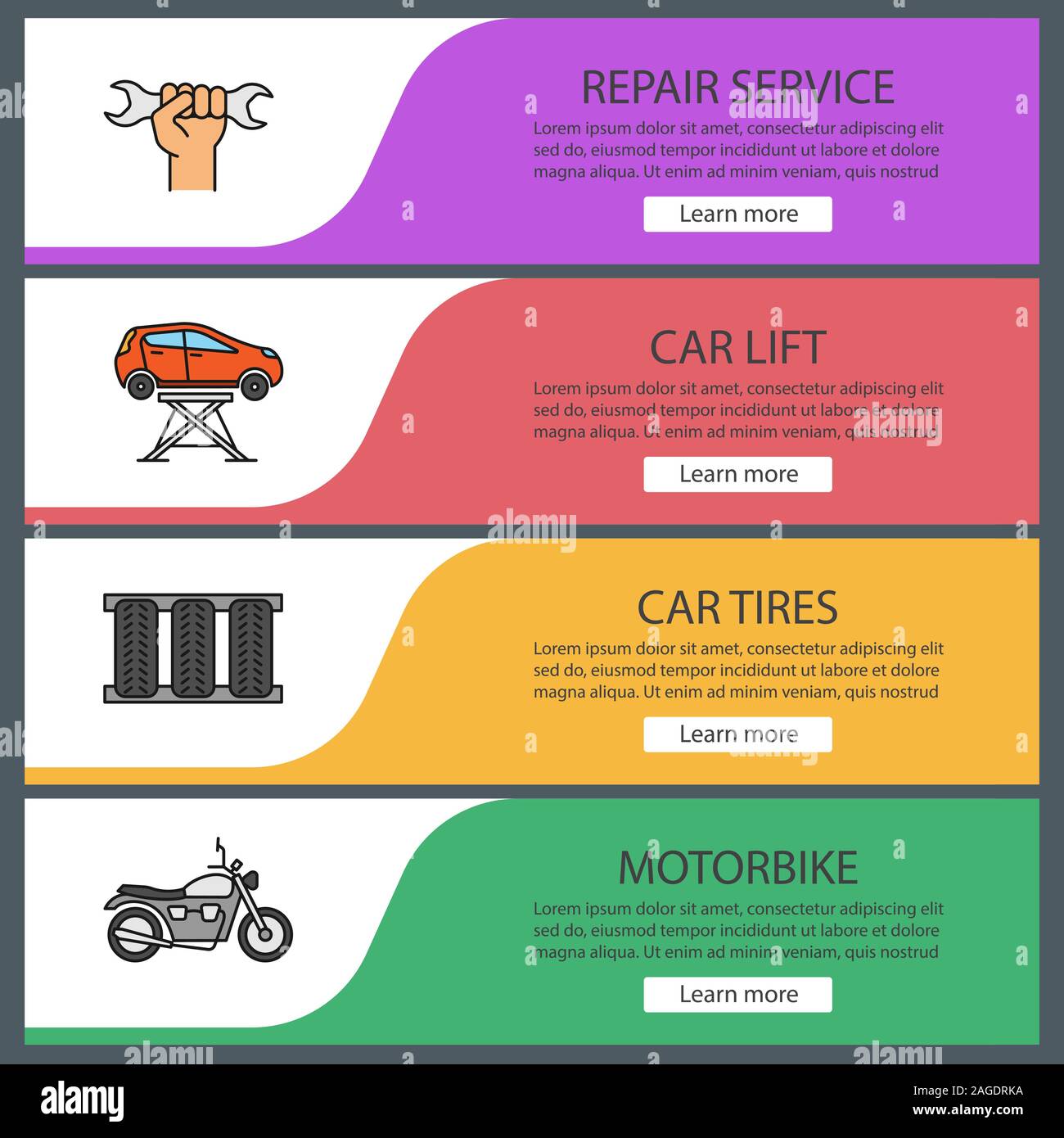 Auto workshop web banner templates set. Repair service, car lift, tires ...