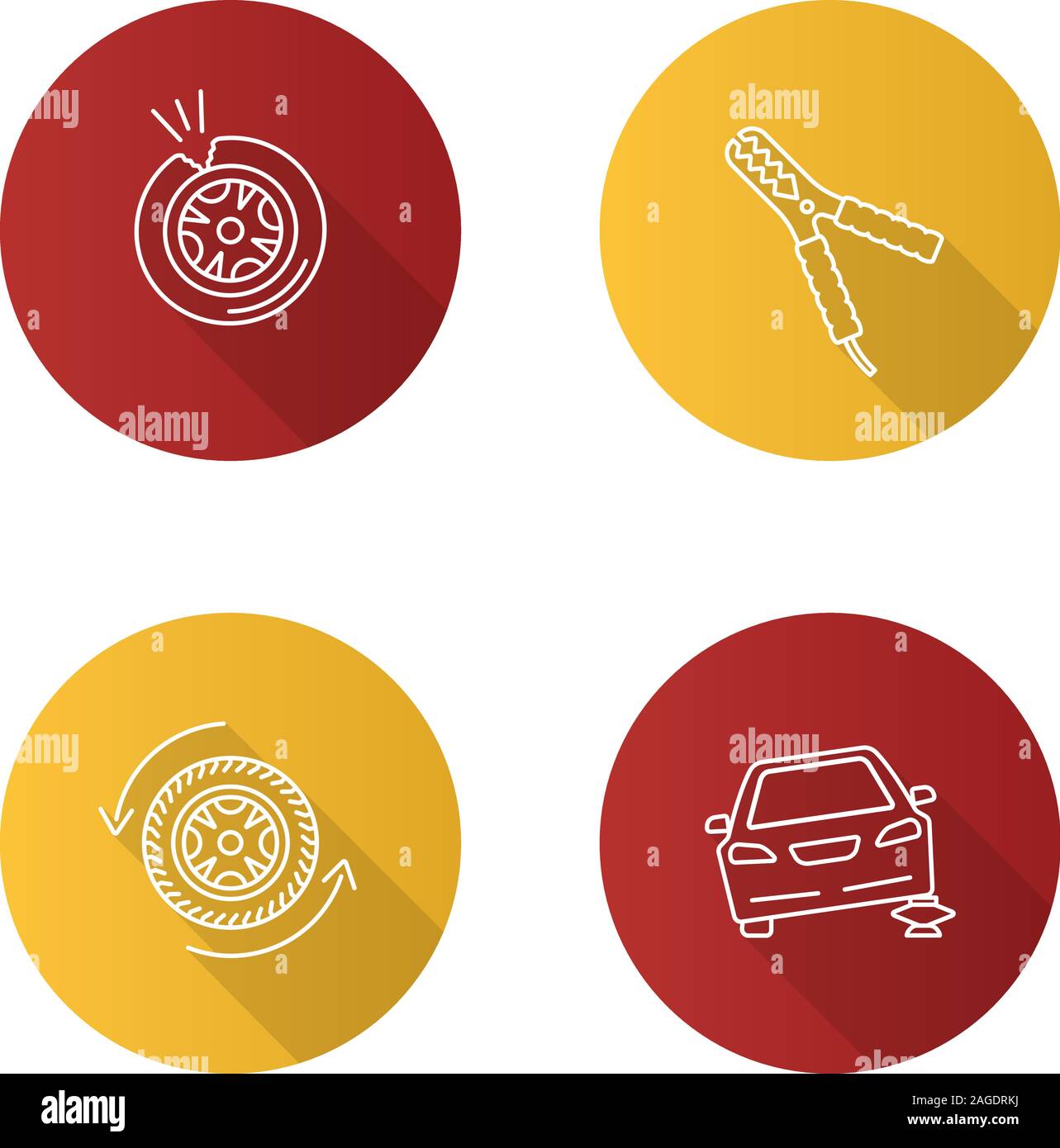 Auto workshop flat linear long shadow icons set. Punctured tire, car ...