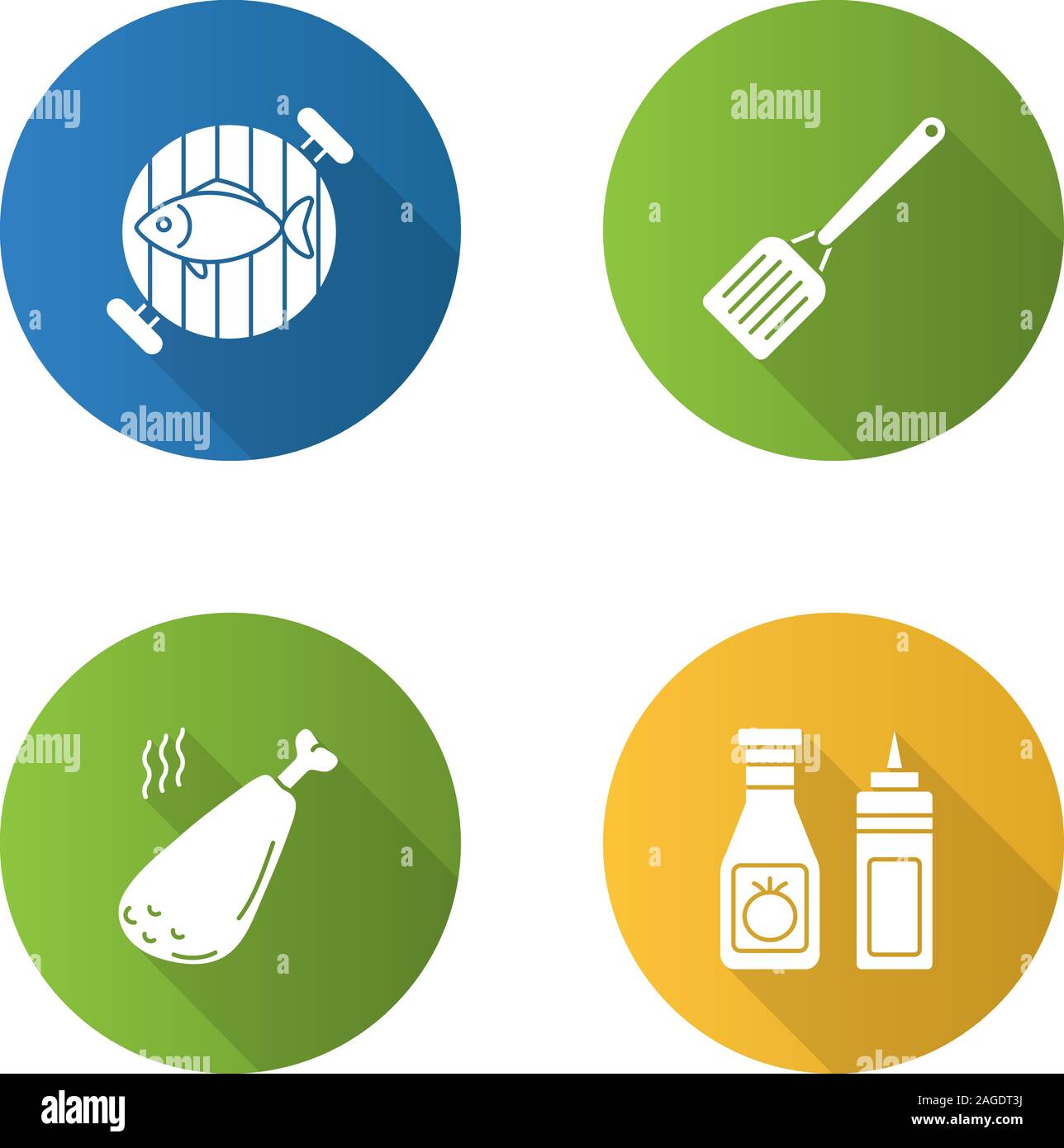 Barbecue flat design long shadow glyph icons set. BBQ. Grilled fish ...