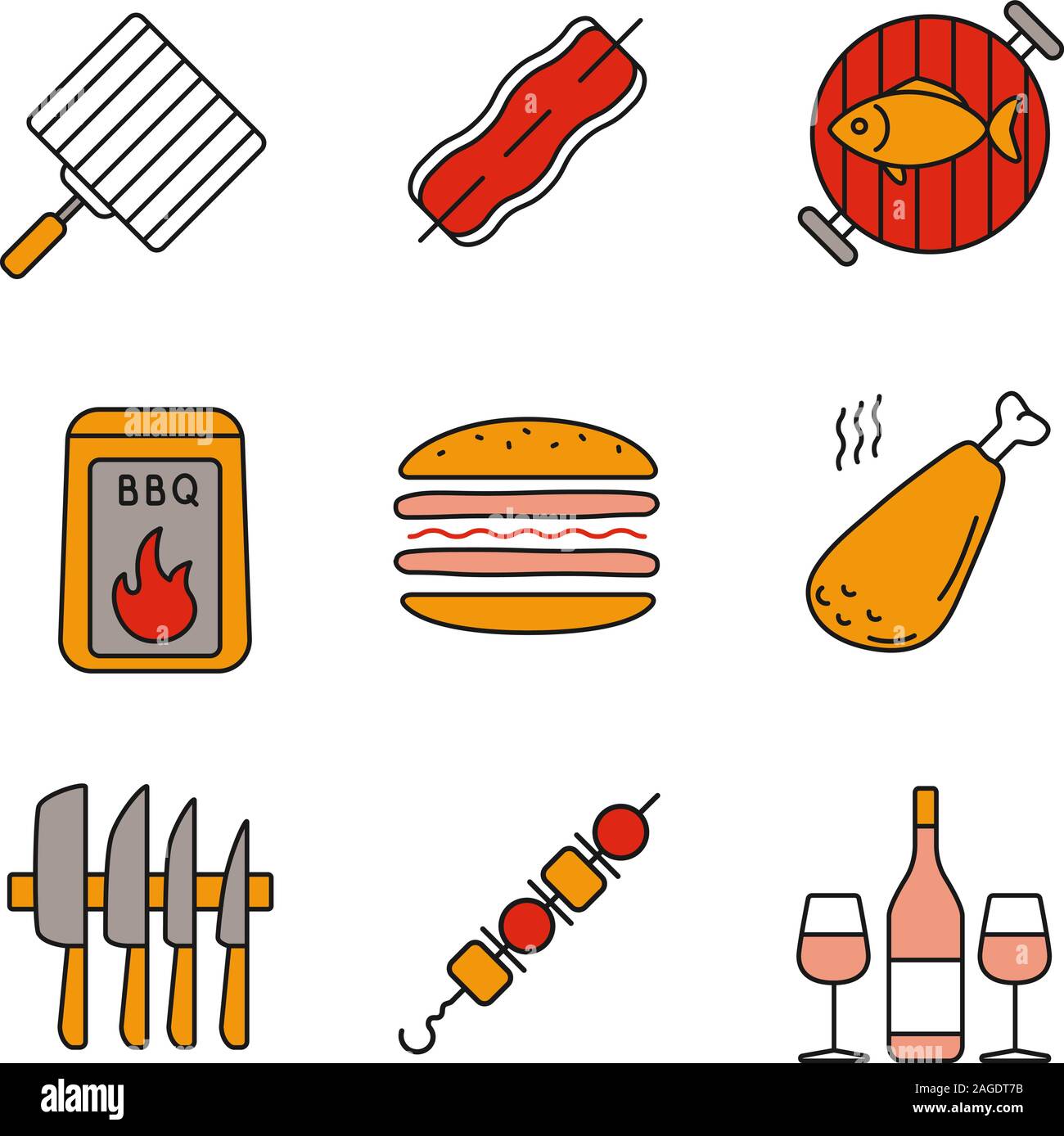 Barbecue color icons set. BBQ. Hand grill, bacon, grilled fish, coal ...