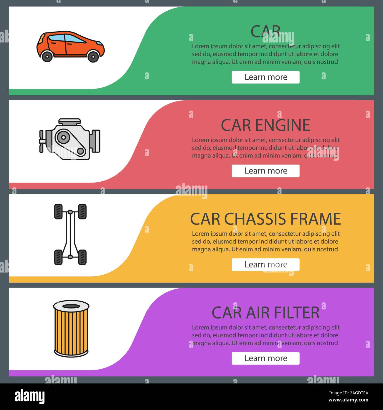 Auto workshop web banner templates set. Car, engine, chassis frame, air ...