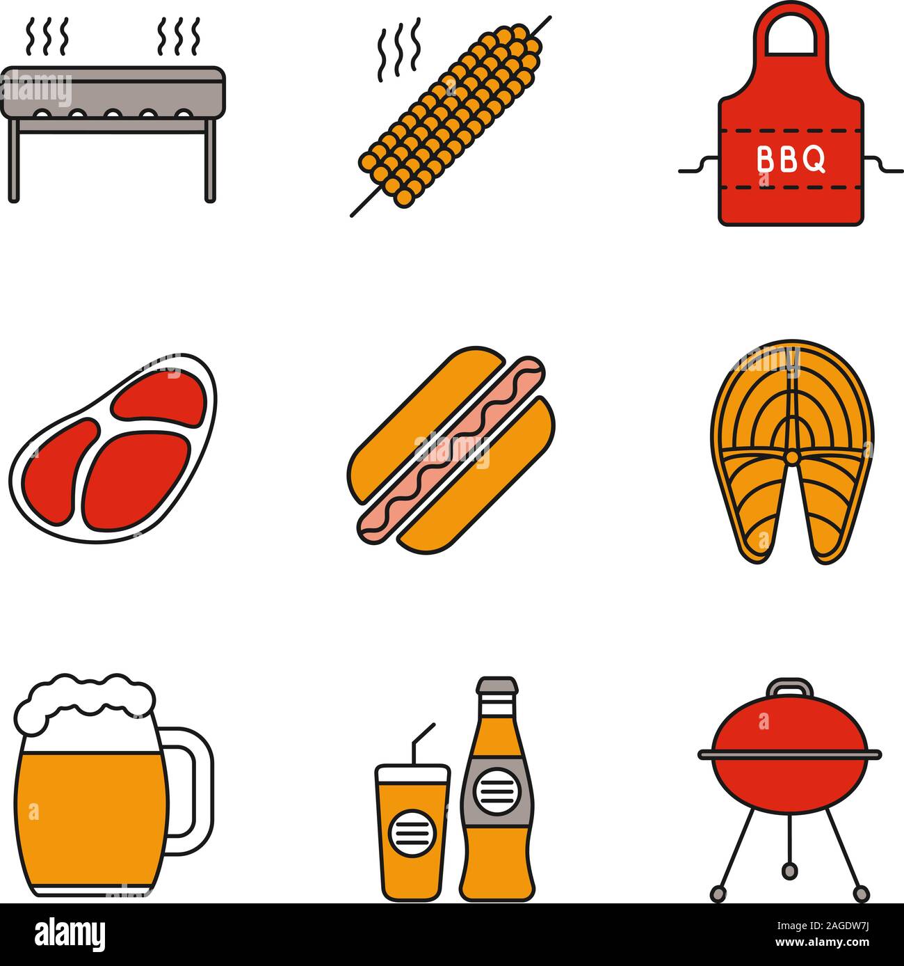 Barbecue color icons set. BBQ. Grills, corn on skewer, apron, steak ...
