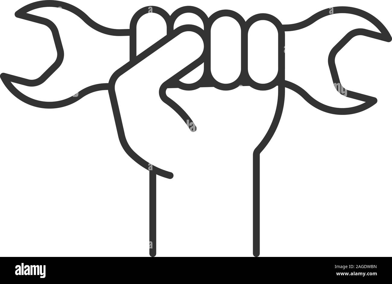 Hand holding wrench linear icon. Thin line illustration. Double open ...