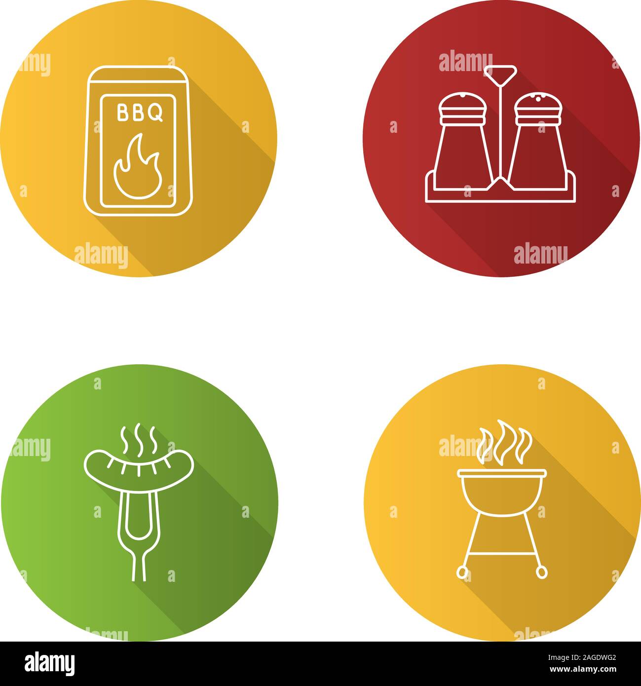 Barbecue flat linear long shadow icons set. Coal, salt and pepper ...