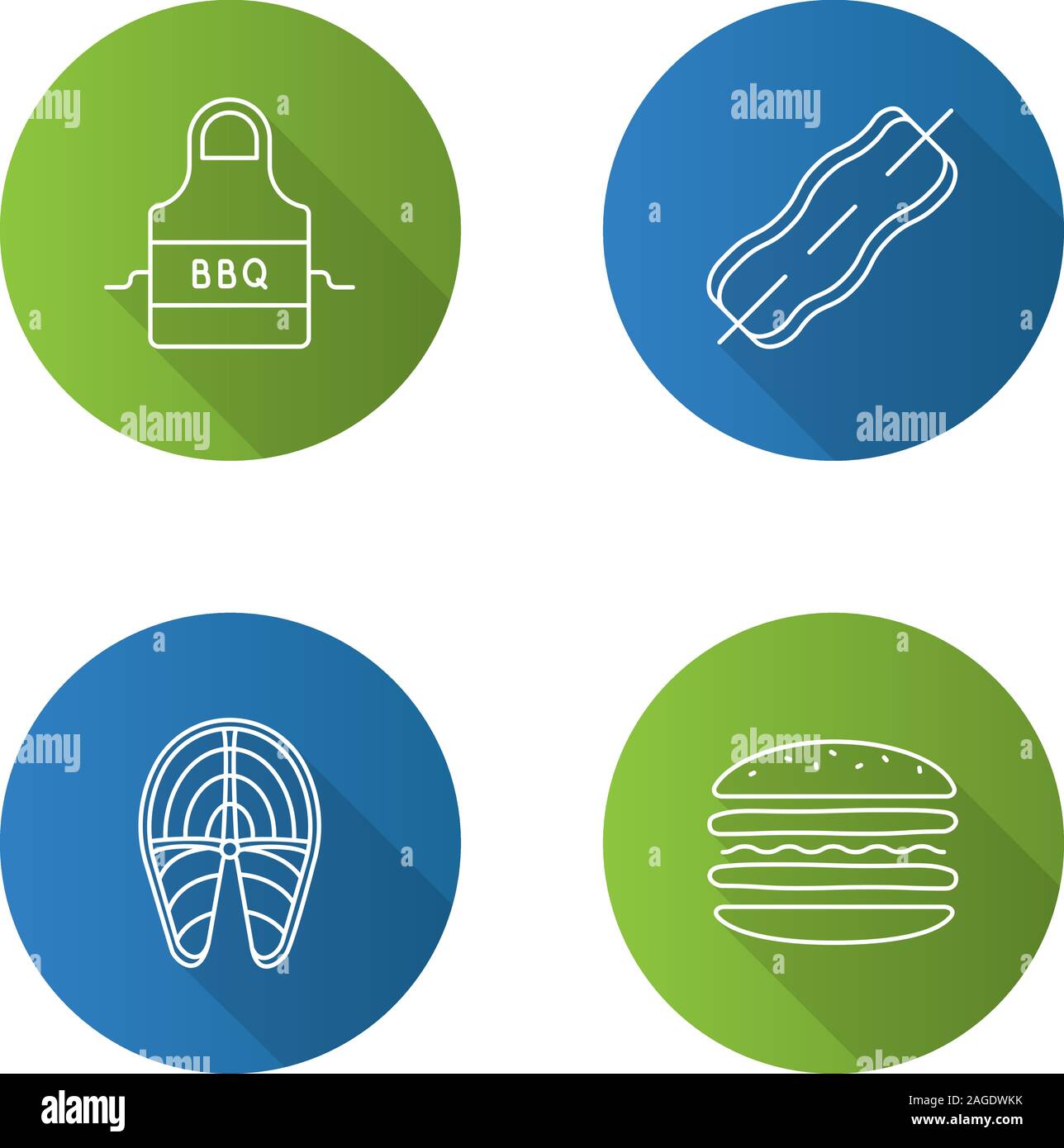 Barbecue flat linear long shadow icons set. BBQ. Apron, bacon on skewer ...
