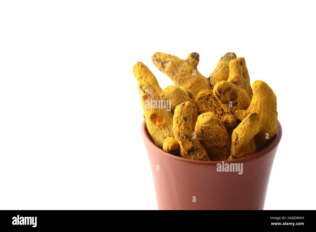 Dry Turmeric roots or barks in clay pot isolated on white background ...
