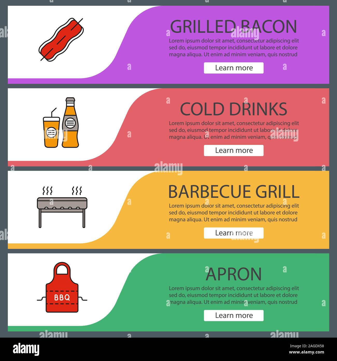 Barbecue web banner templates set. Website color menu items. BBQ. Bacon ...