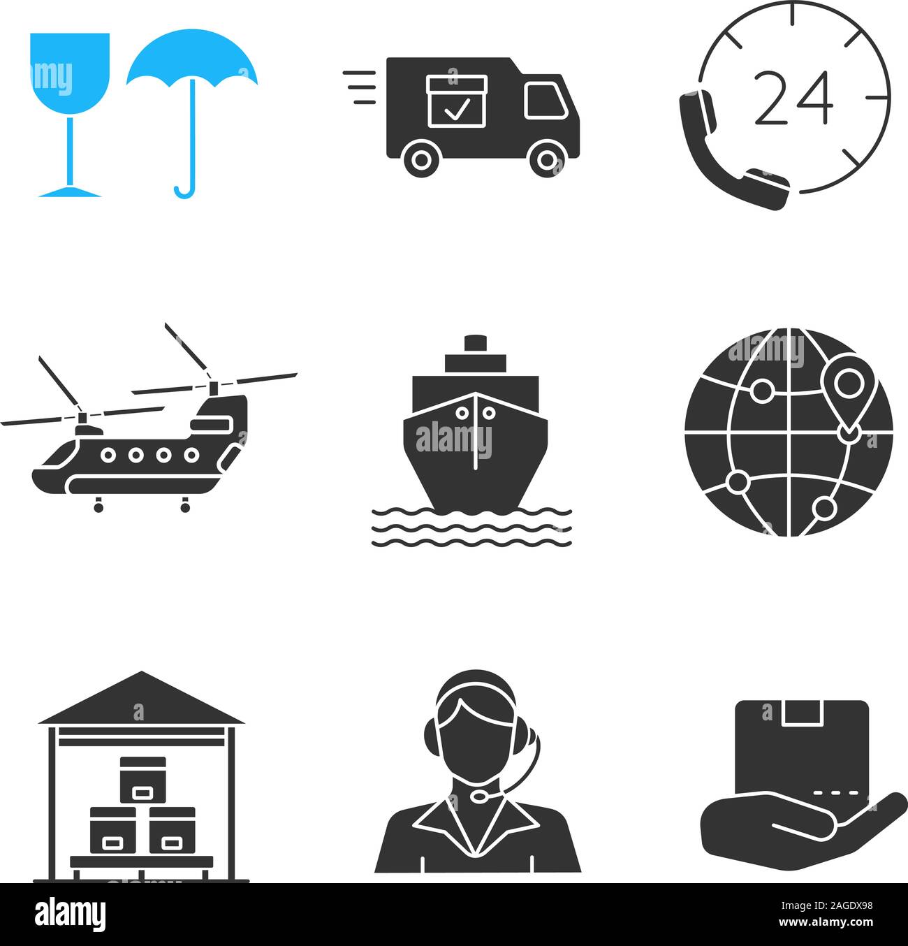 Cargo shipping glyph icons set. Silhouette symbols. Fragile, delivery ...