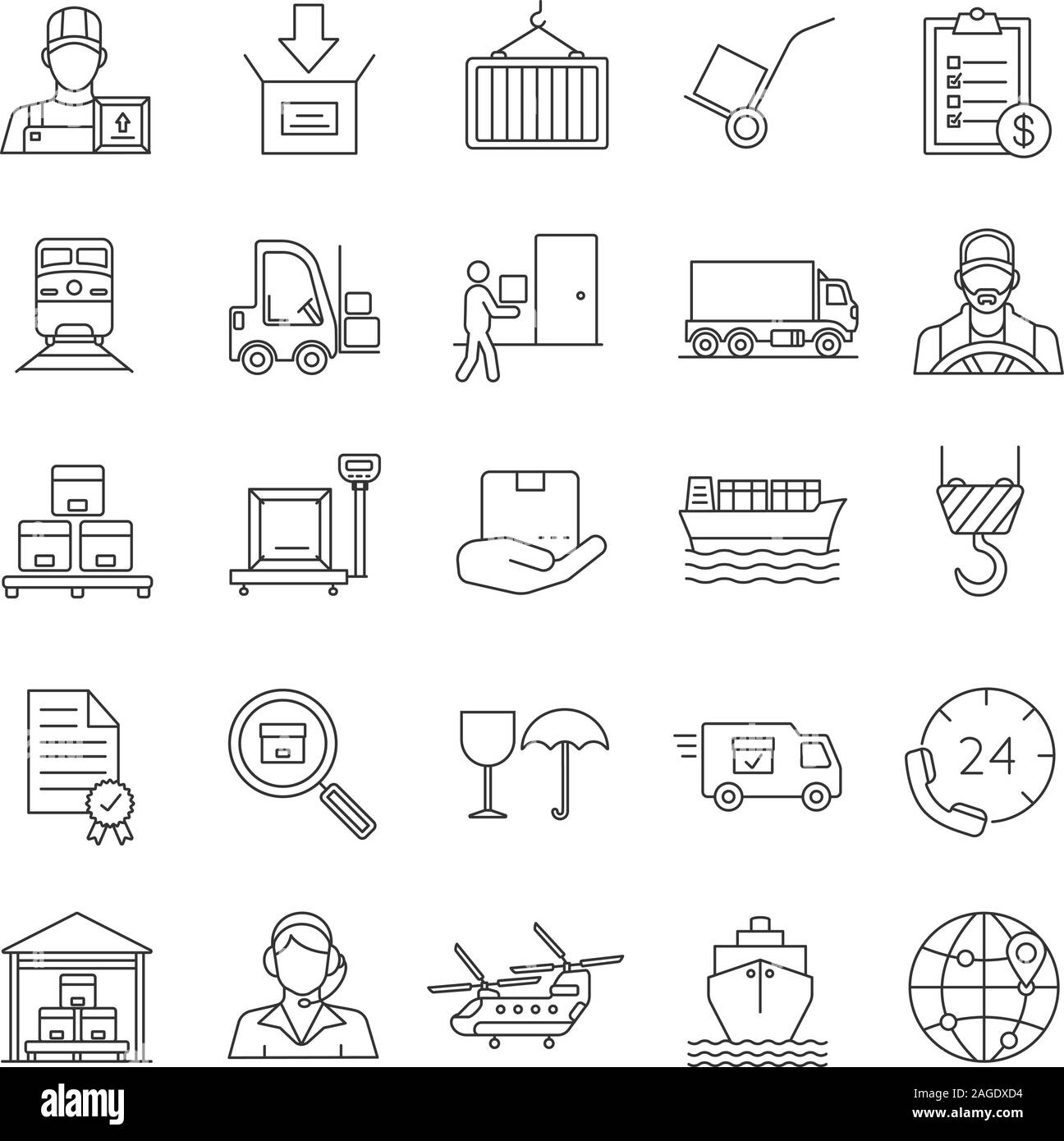 Cargo shipping linear icons set. Delivery service. Land, air and water ...