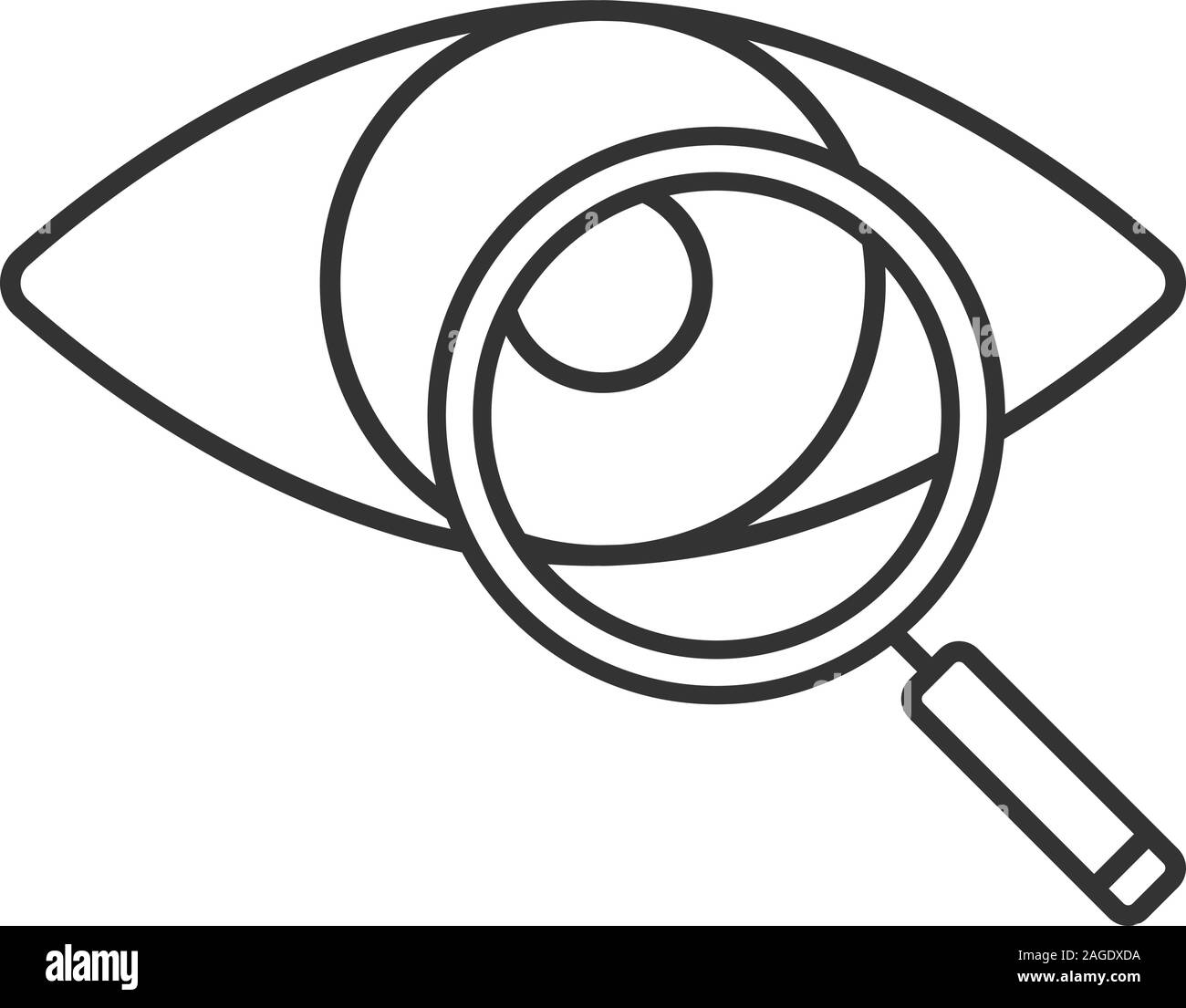 Eye with magnifying glass linear icon. Thin line illustration. Eye test ...