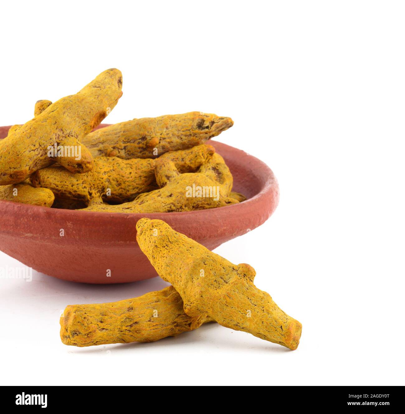 Dry Turmeric roots or barks in clay pot isolated on white background ...