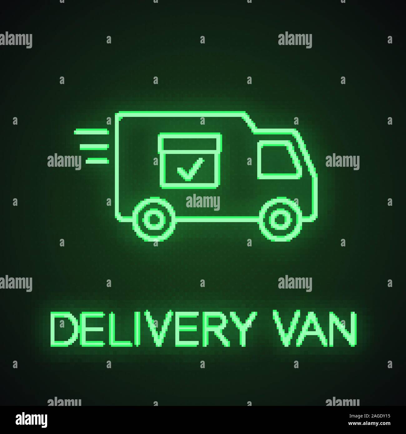 Delivery van with checkmark neon light icon. Freight transport. Fast ...