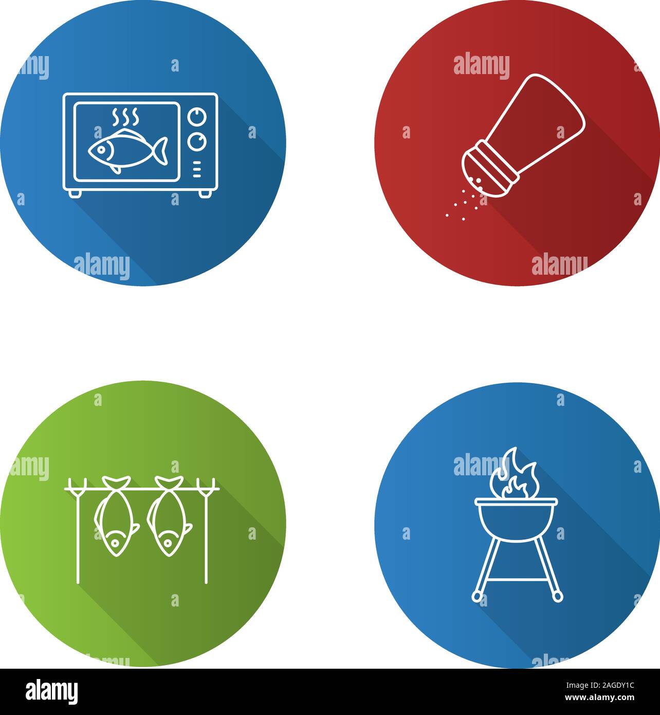 Barbecue flat linear long shadow icons set. BBQ. Grilled fish in ...