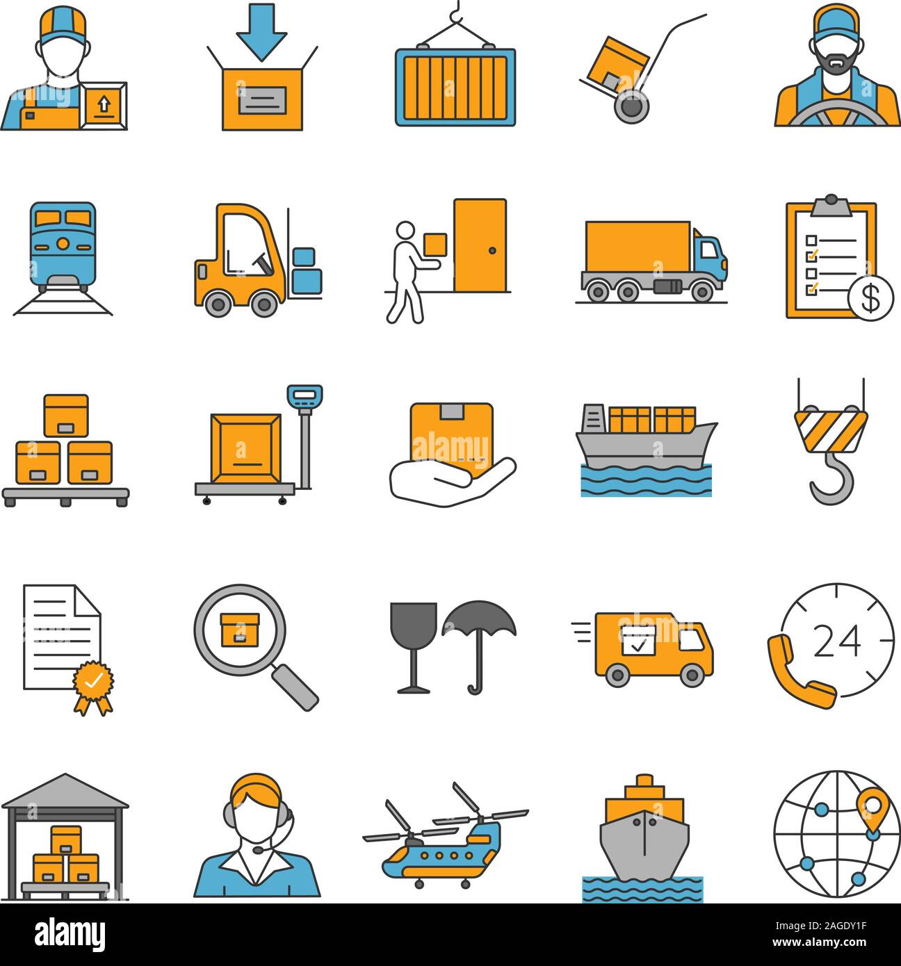 Cargo shipping color icons set. Delivery service. Land, air and water ...