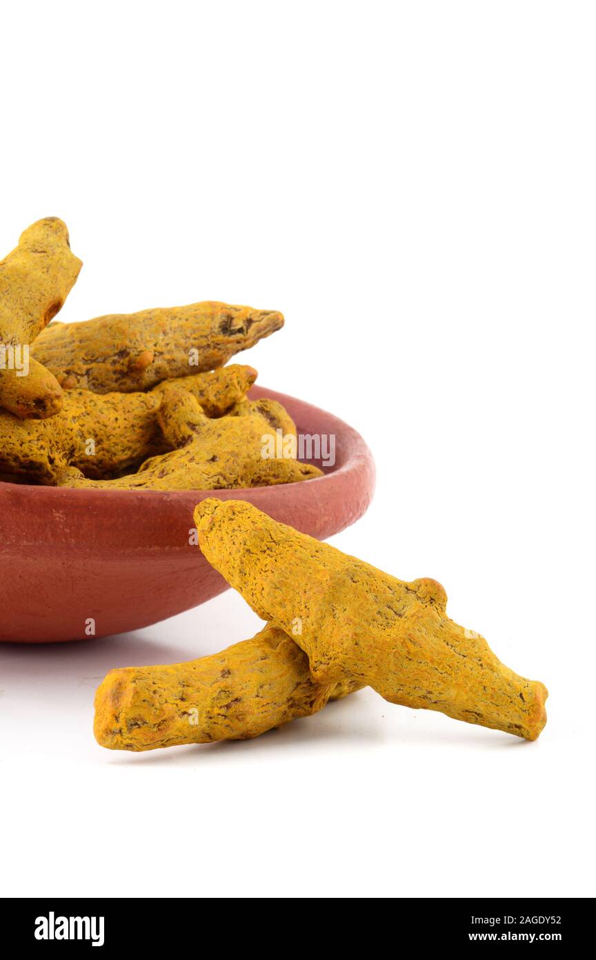 Dry Turmeric roots or barks in clay pot isolated on white background ...