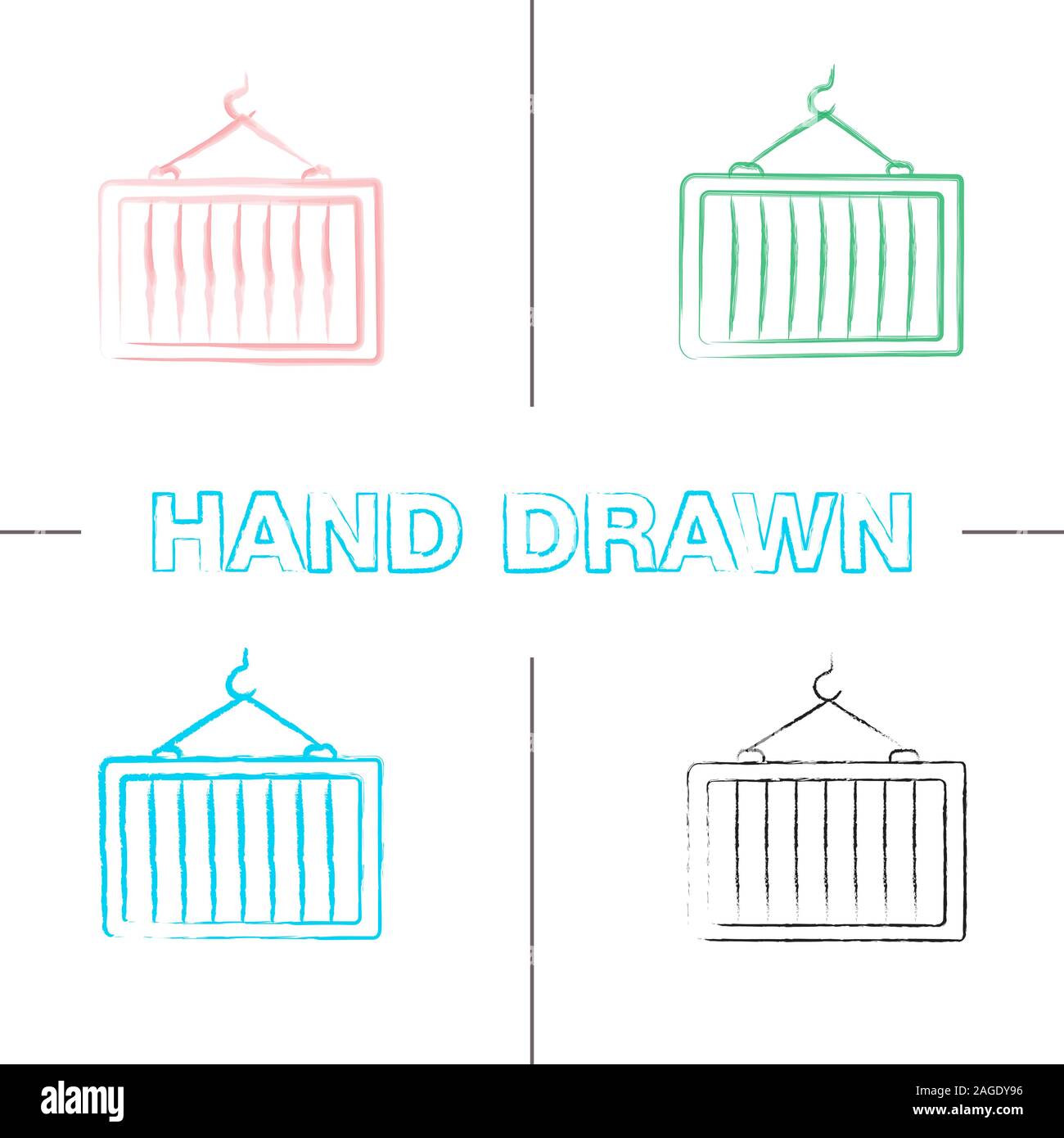 Intermodal container hand drawn icons set. Freight loading color brush ...