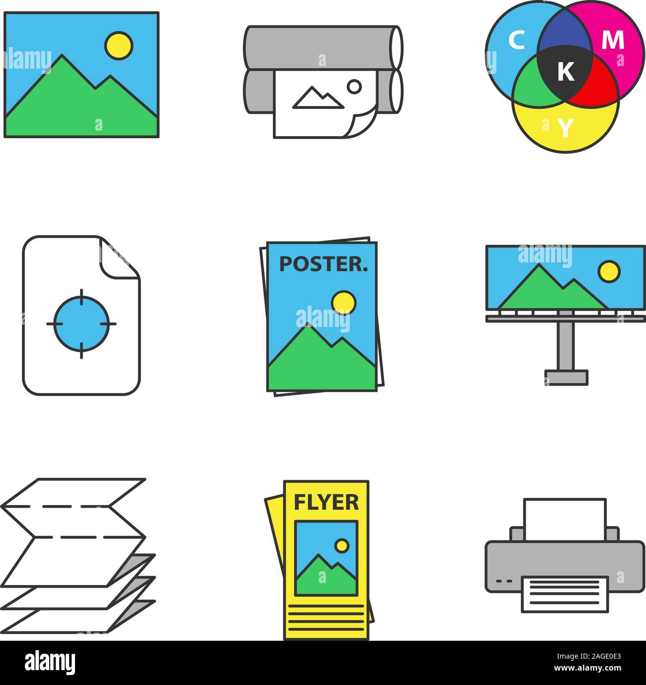 Printing color icons set. Polygraphy and typography. Digital image ...