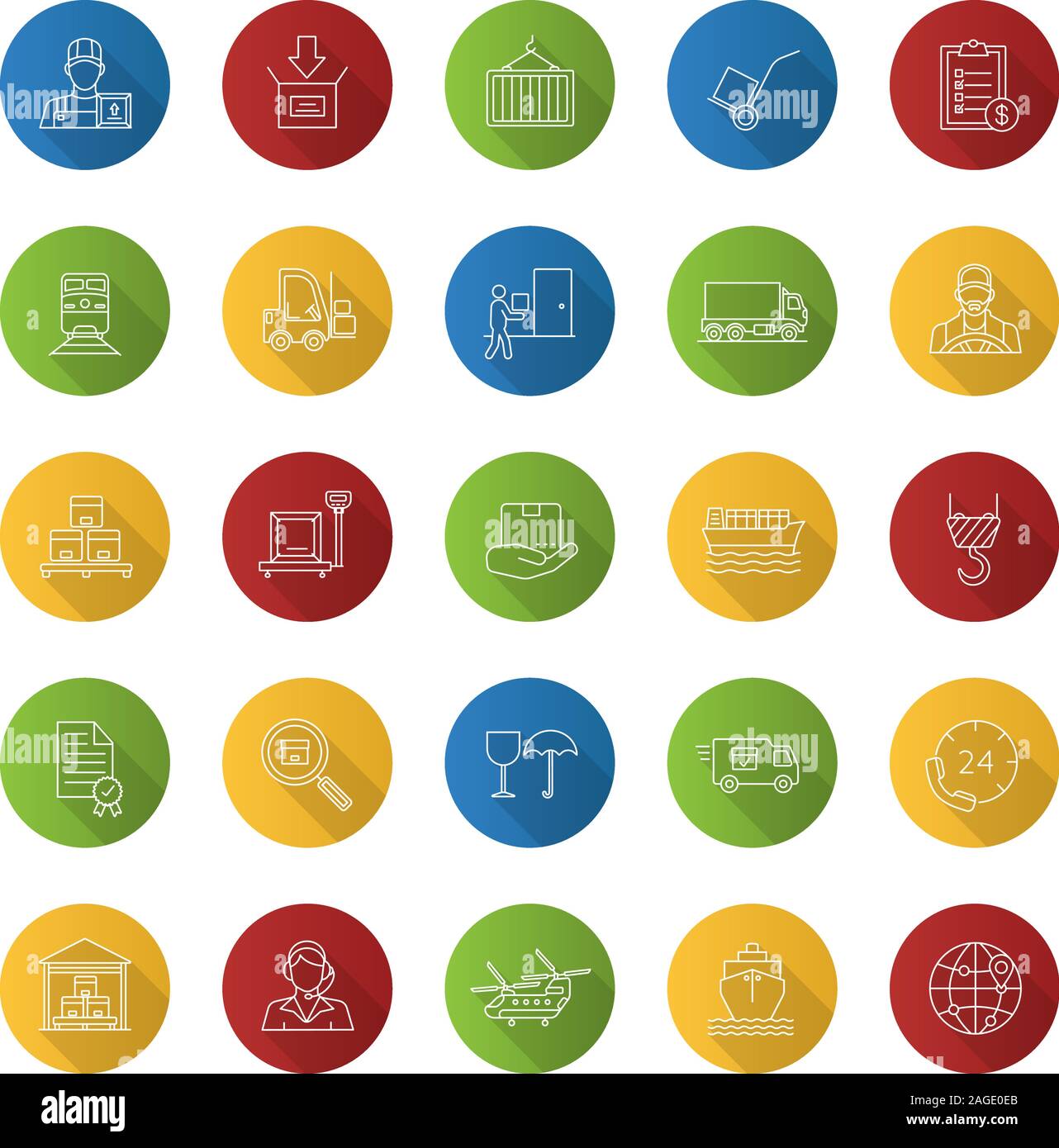 Cargo shipping flat linear long shadow icons set. Delivery service ...