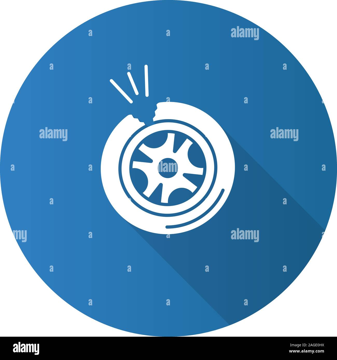 Punctured tire flat design long shadow glyph icon. Vector silhouette ...