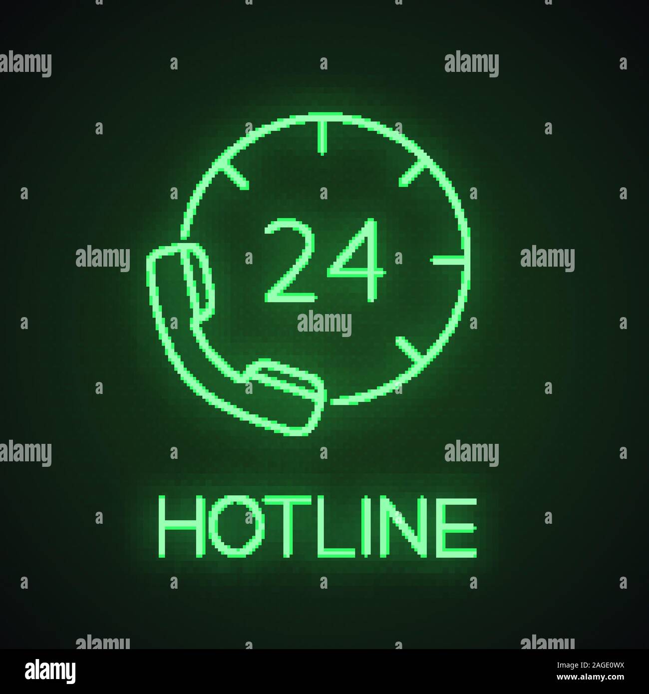 Hotline neon light icon. 24 hours phone support. Call center glowing ...
