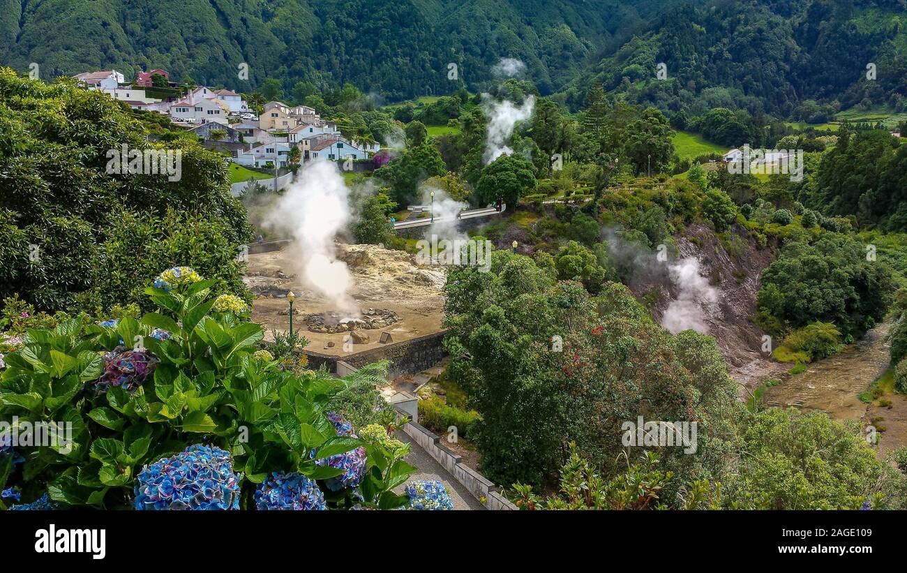 High angle shot of the Azores Island in Portugal during the spring ...