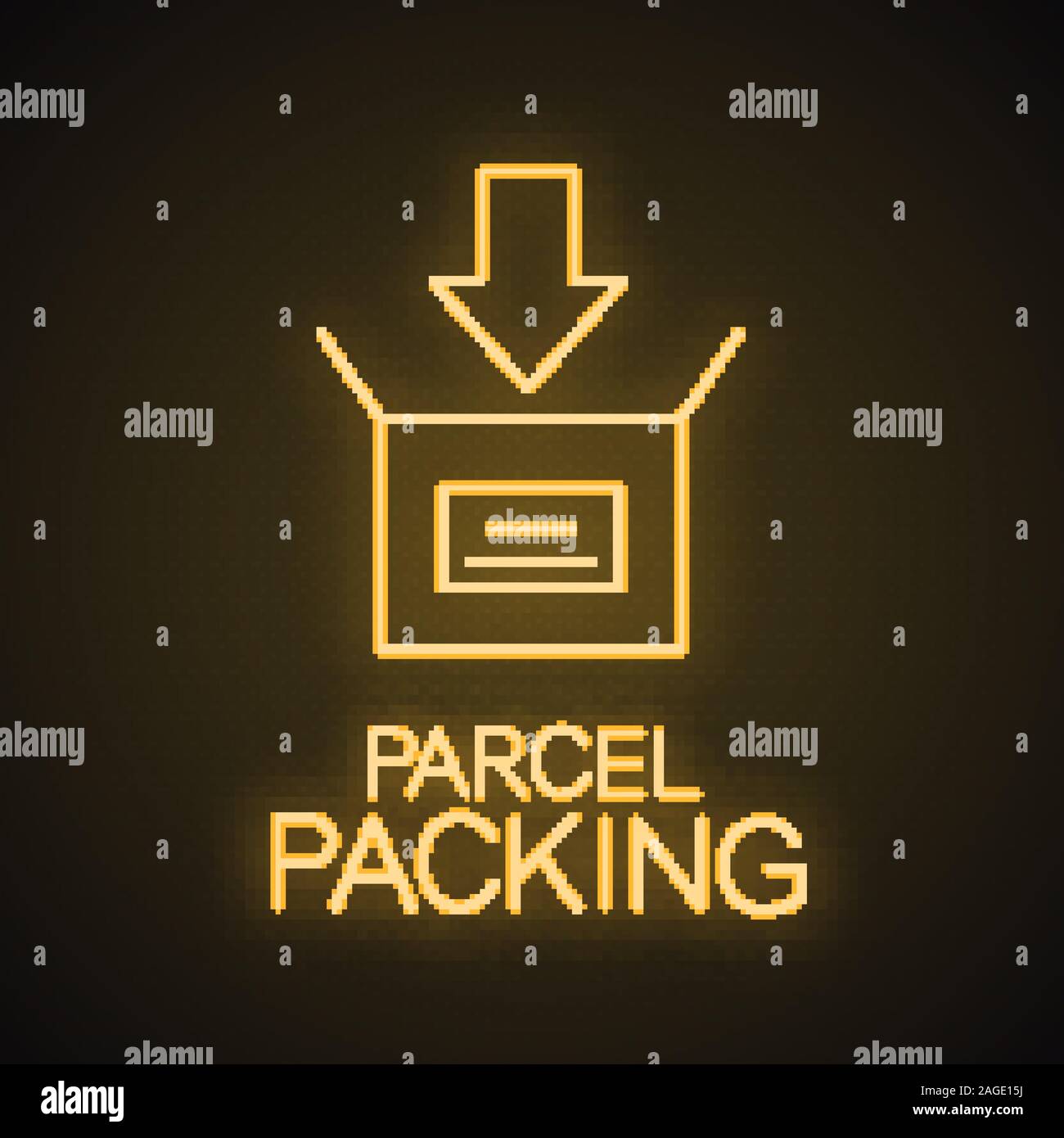 Parcel packing neon light icon. Open box with down arrow. Downloading ...