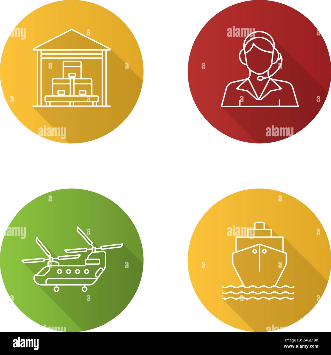 Cargo shipping flat linear long shadow icons set. Delivery service ...