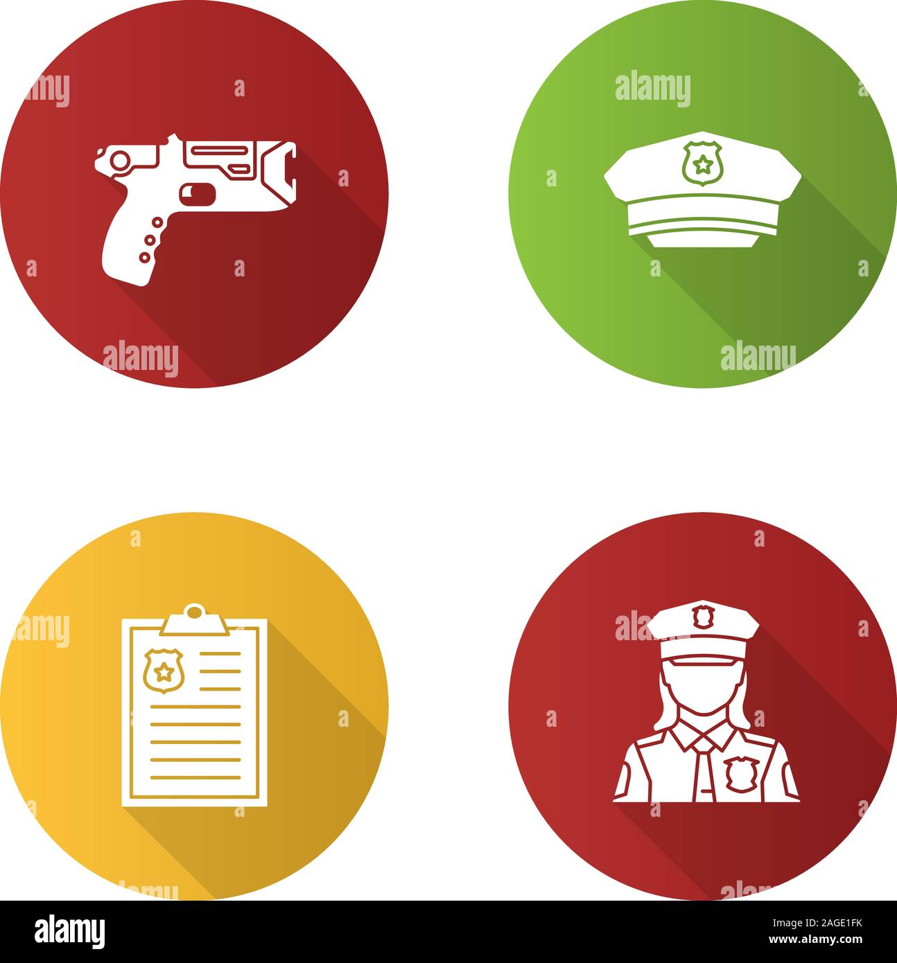 Police flat design long shadow glyph icons set. Taser, hat, police ...