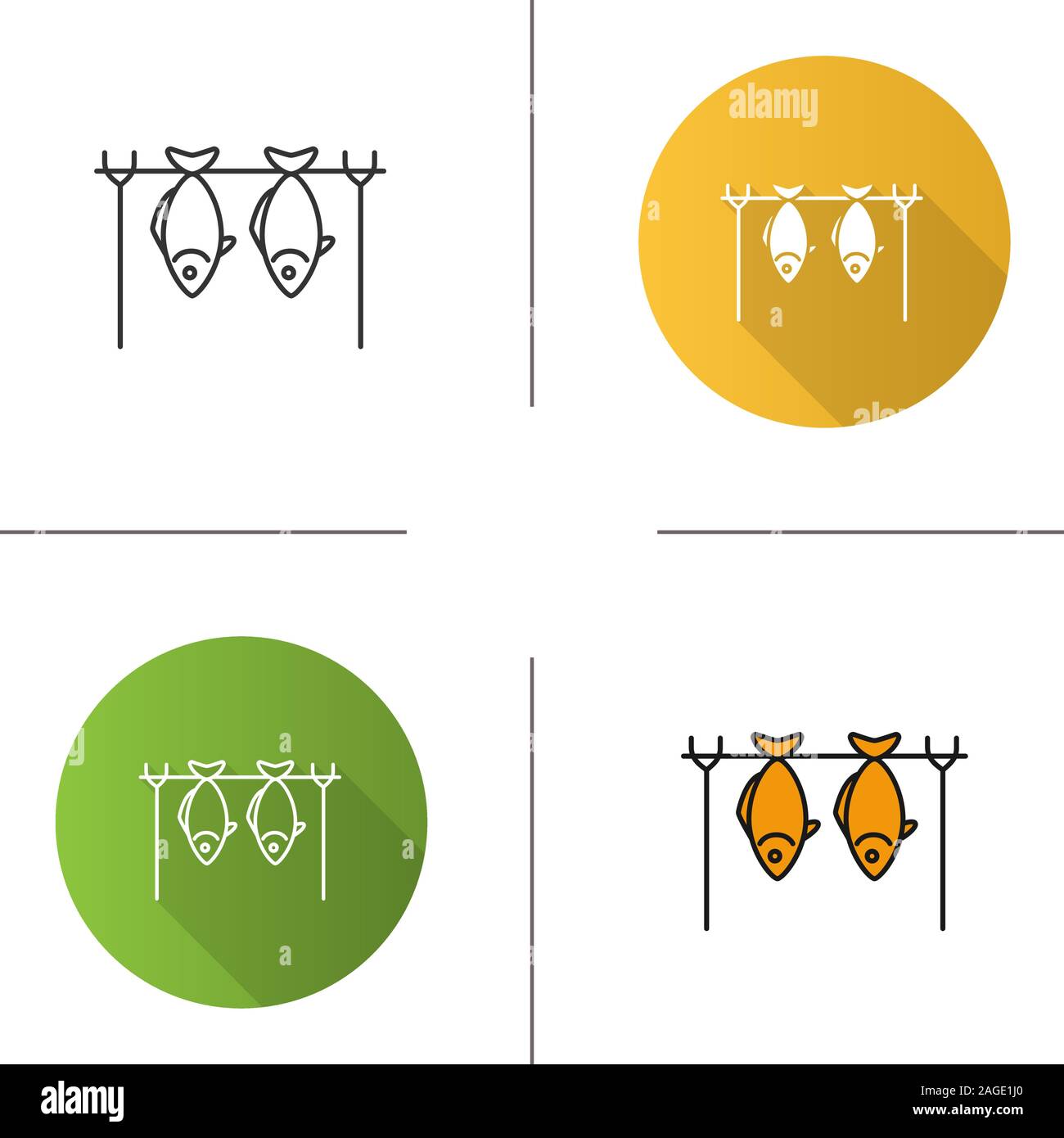 Grilled fish icon. Flat design, linear and color styles. Drying fish ...