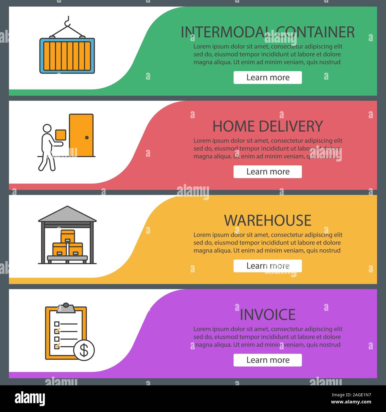 Cargo shipping web banner templates set. Intermodal container, home ...