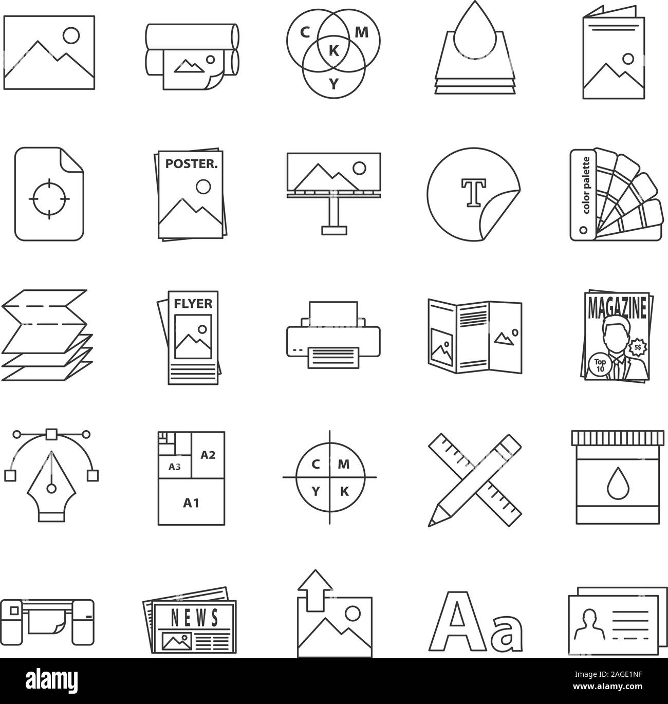 Printing linear icons set. Polygraphy and typography. Posters, flyers, brochures, booklets ...