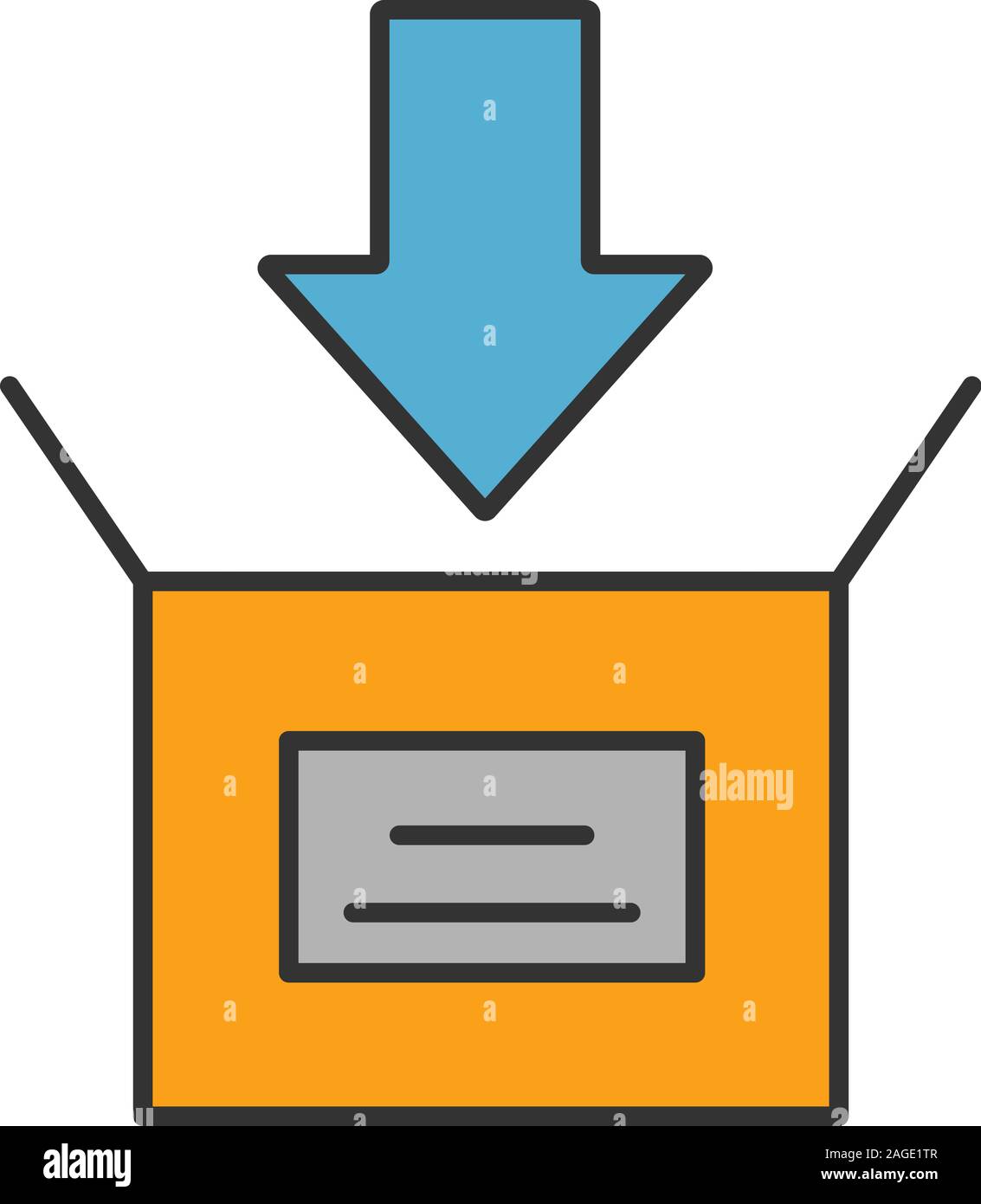 Parcel packing color icon. Open box with down arrow. Downloading ...