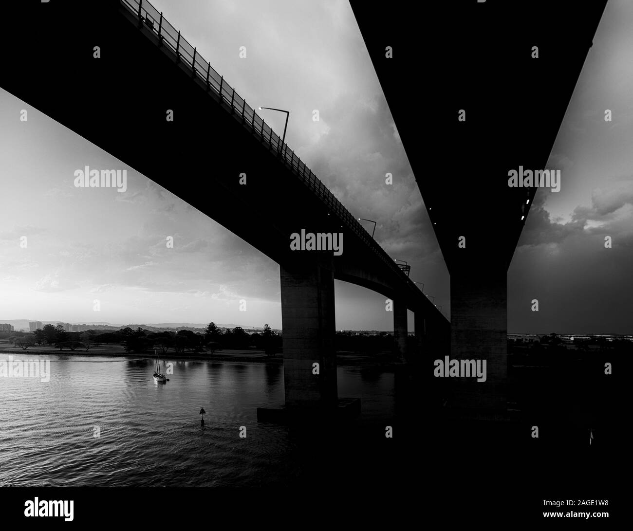 Grey scale shot of a bridge over the Brisbane River near the Port of ...