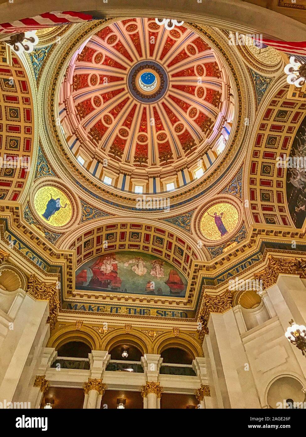 Low angle shot of the beautiful ceiling and walls of Capital Building ...